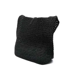 Saint Laurent Raffia Shoulder Bag With Cassandre Logo Plaque - Black