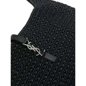 Saint Laurent Raffia Shoulder Bag With Cassandre Logo Plaque - Black