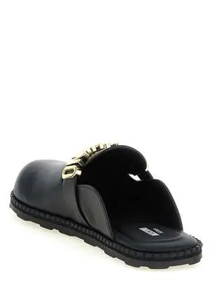 Moschino Leather Sabots With Metal Lettering Logo