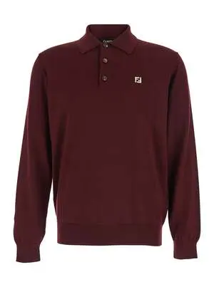Fendi Fendi Men Bordeaux Long Sleeve Polo With Classic Collar And Ff Plate On The Front In Wool For Men Multicolor