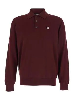 Fendi Fendi Men Bordeaux Long Sleeve Polo With Classic Collar And Ff Plate On The Front In Wool For Men Multicolor