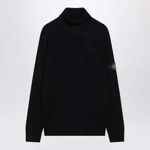 Stone Island Virgin Wool Turtleneck Sweater With Compass Logo Badge - Blue