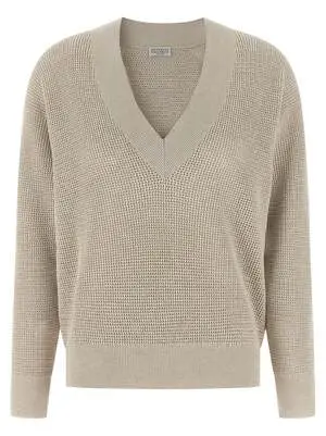 Brunello Cucinelli Openwork V-neck Sweater With Lamé Thread - Cream