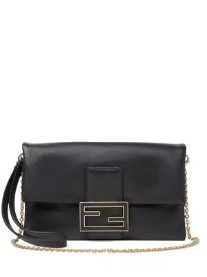 Fendi Nappa Leather Mamma Baguette Pouch With Chain Strap - Black