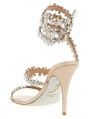 Rene Caovilla Eva' Crystal Embellished Floral Leather Sandals - Pink