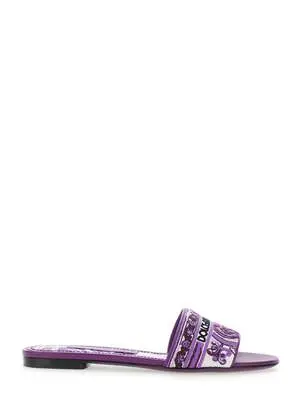 Dolce & Gabbana Violet Cotton Blend Sandals With Majolica Motif And Logo Embroidery - Multicolor