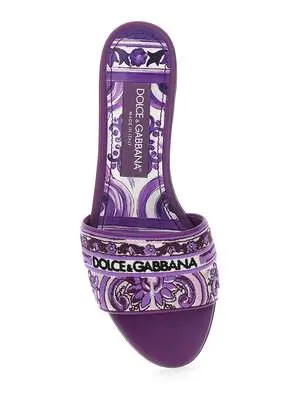 Dolce & Gabbana Violet Cotton Blend Sandals With Majolica Motif And Logo Embroidery - Multicolor