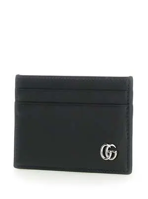 Gucci Card Holder With Gg Plate On The Front In Black Leather For