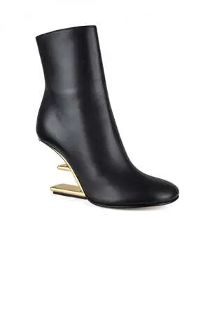 Fendi Leather Ankle Boots With Sculptural Gold Heel - Black
