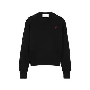 AMI Paris Merino Wool Crew Neck Sweater With De Coeur Embroidery - Black