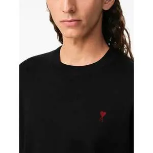AMI Paris Merino Wool Crew Neck Sweater With De Coeur Embroidery - Black