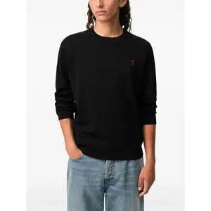 AMI Paris Merino Wool Crew Neck Sweater With De Coeur Embroidery - Black