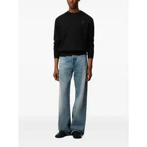 AMI Paris Merino Wool Crew Neck Sweater With De Coeur Embroidery - Black