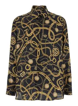 Balmain Black Shirt With Pointed Collar And Chain Print With Logo In Silk