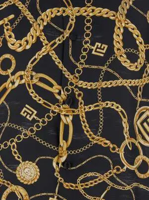Balmain Black Shirt With Pointed Collar And Chain Print With Logo In Silk