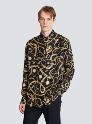 Balmain Black Shirt With Pointed Collar And Chain Print With Logo In Silk