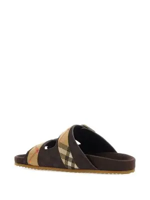 Burberry Suede Flat Sandals With Checked Straps And Buckles - Brown