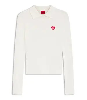 Hugo Slim-fit Ribbed Crepe Polo Sweater With Heart Badge - White