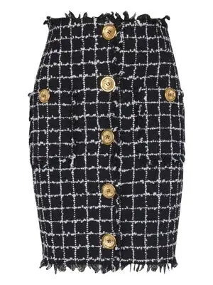 Balmain Tweed Check Pattern Midi Skirt With Gold Tone Buttons - Multicolor