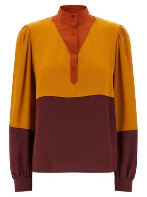 Saint Laurent Color-block High Neck Silk Blouse - Multicolor