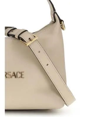 Versace Leather Hobo Handbag With Monogram Plaque