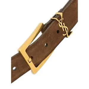 Saint Laurent Suede Belt With Logo Plaque Buckle - Brown