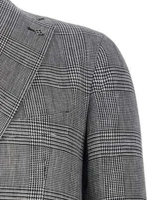Tagliatore Grey Houndstooth Cotton Linen Blend Blazer - Gray