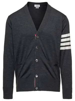 Thom Browne Wool V-neck Cardigan With Striped Detail - Gray