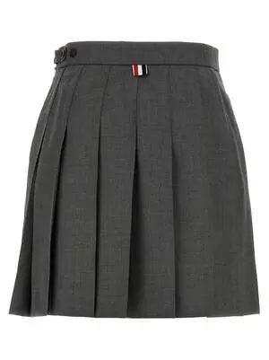 Thom Browne Pleated Wool Mini Skirt With Tricolor Band - Gray