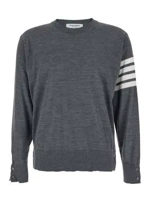 Thom Browne Crew Neck Sweater With 4-bar Detail - Gray
