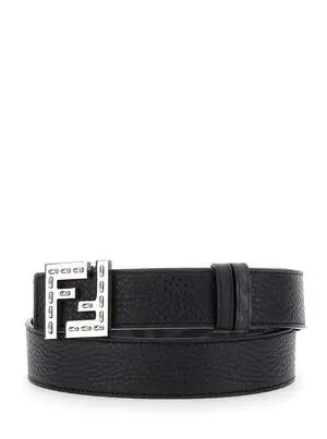 Fendi Belt With Metallic Ff Logo Plate In Hammered Leather