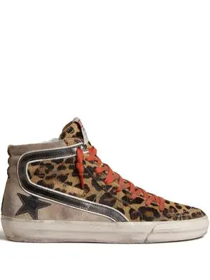 GOLDEN GOOSE Slide Sneakers In Leopard-print Pony Skin With Metallic Leather Star And Flash - Brown