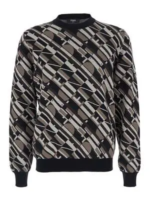 Fendi Wool Crewneck Sweater With Geometric Motif - Brown