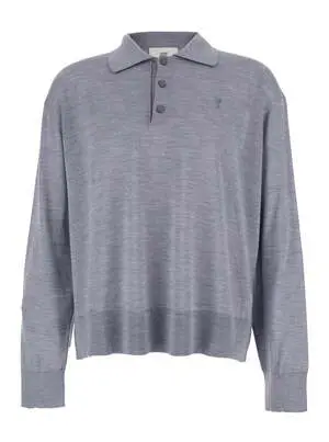 Ami Grey Polo Shirt With Classic Collar And Adc Embroidery On The Front In Wool And Silk Blend - Multicolor