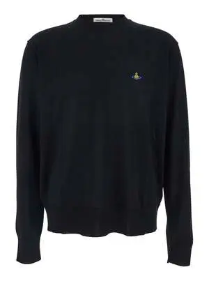VIVIENNE WESTWOOD Orb Logo Embroidered Wool Blend Crew Neck Sweater - Black
