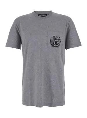 Dolce & Gabbana Grey Crewneck T-shirt With Logo Embroidery On The Front In Cotton - Gray