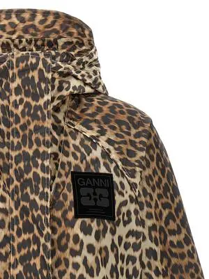 GANNI Leopard Print Recycled Nylon Hooded Windbreaker