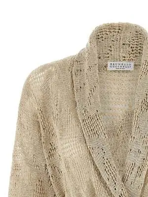 Brunello Cucinelli Linen And Cotton Blend Crochet Cardigan With Sequin Application - Cream