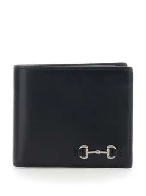 Gucci Bi-fold Wallet With Horsebit On The Front And Logo Imprinted Inside In Leather For - Black