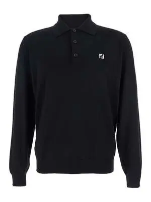 Fendi Long-sleeve Polo Shirt With Classic Collar And Ff Plaque On The Front In Wool - Black