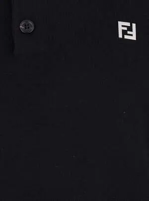 Fendi Long-sleeve Polo Shirt With Classic Collar And Ff Plaque On The Front In Wool - Black