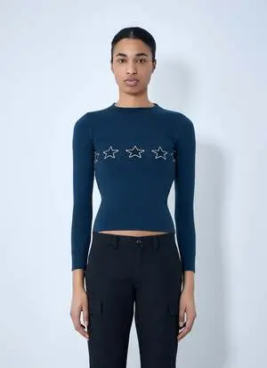Balenciaga Crewneck Ribbed Long Sleeve Top With Star Embroidery - Blue