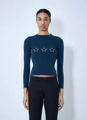 Balenciaga Crewneck Ribbed Long Sleeve Top With Star Embroidery - Blue