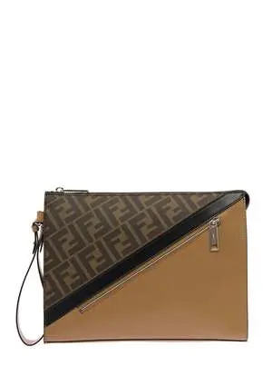 Fendi Flat Pouch With Leather Diagonal Insert - Brown