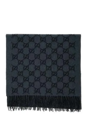 Gucci Fringed Edge Scarf With Gg Jacquard Motif In Grey Cashmere For - Gray
