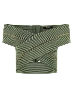 Balmain BALMAIN Off-the-Shoulder Cropped Top With Mesh Inserts Green
