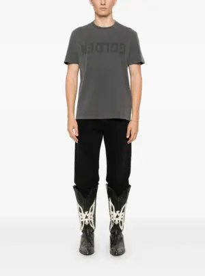 GOLDEN GOOSE Grey Crewneck T-shirt With Logo On The Front And Logo Patch On The Front In Cotton