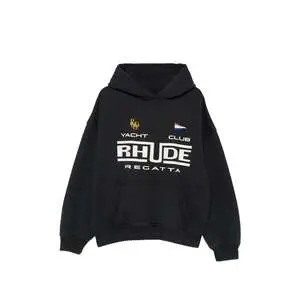 Rhude Cotton Logo Detail Drawstring Hoodie - Black