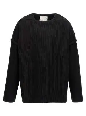 JIL SANDER Ribbed Wool Sweater With Geometric Neckline - Black