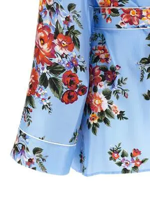Dolce & Gabbana Mazzo Di Fiori' Print Silk Twill Shirt With Contrast Piping - Blue